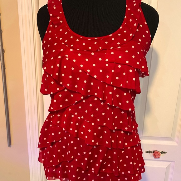 Roz & Ali | Tops | Red And White Polka Dot Waterfall Ruffle Tank ...